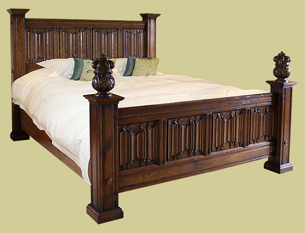 Period Style Hand Carved Oak Linenfold Bed